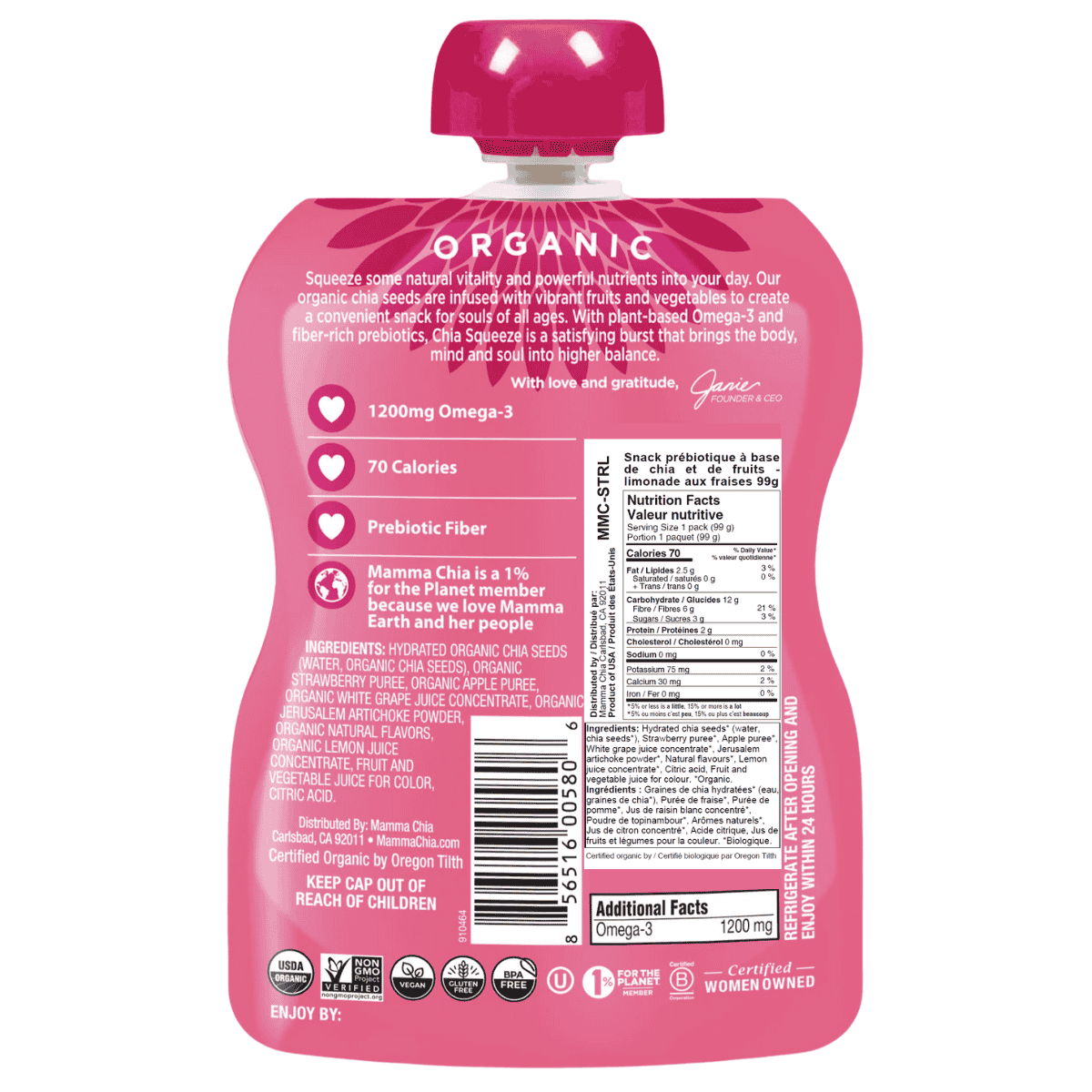 Mamma Chia Organic Prebiotic Chia Squeeze Strawberry Lemonade at ...