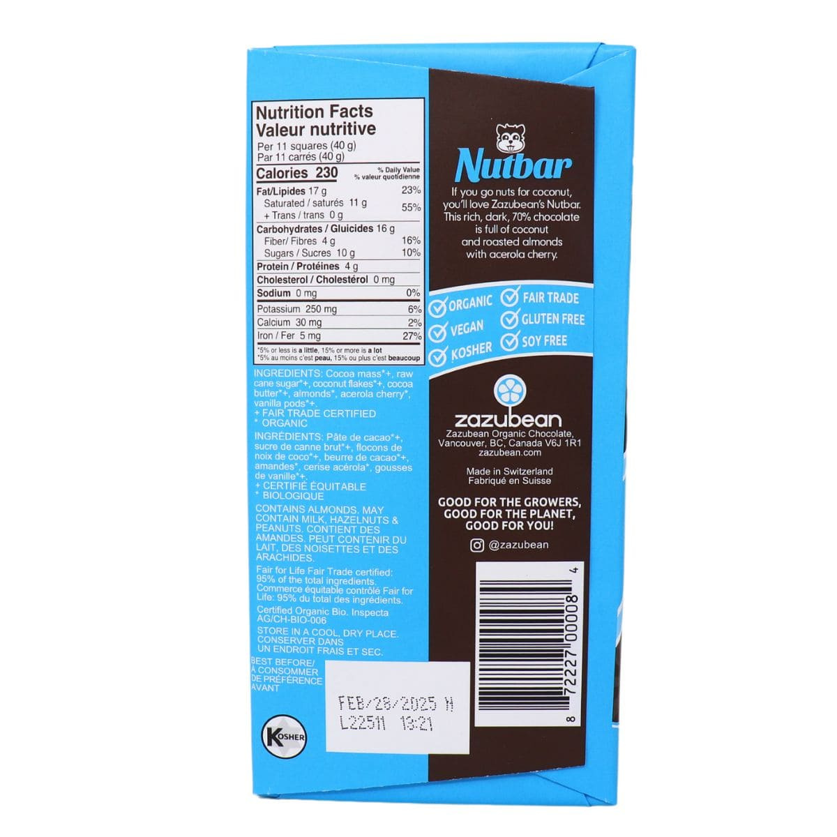 Zazubean Dark Chocolate Acerola Cherry Coconut Almond at Natura Market