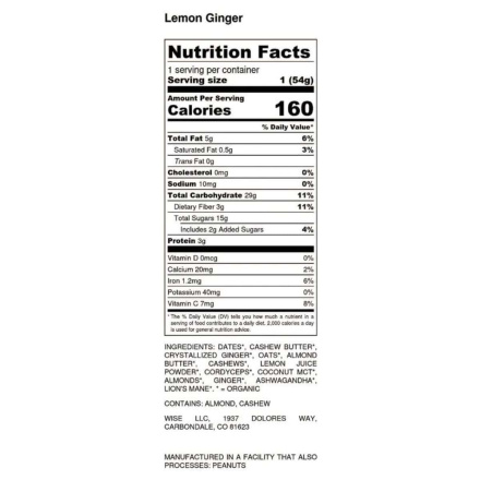 Wise Bar Organic Adaptogen Energy Bar Lemon Ginger at Natura Market