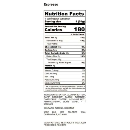 Wise Bar Organic Adaptogen Energy Bar Mocha Coconut at Natura Market